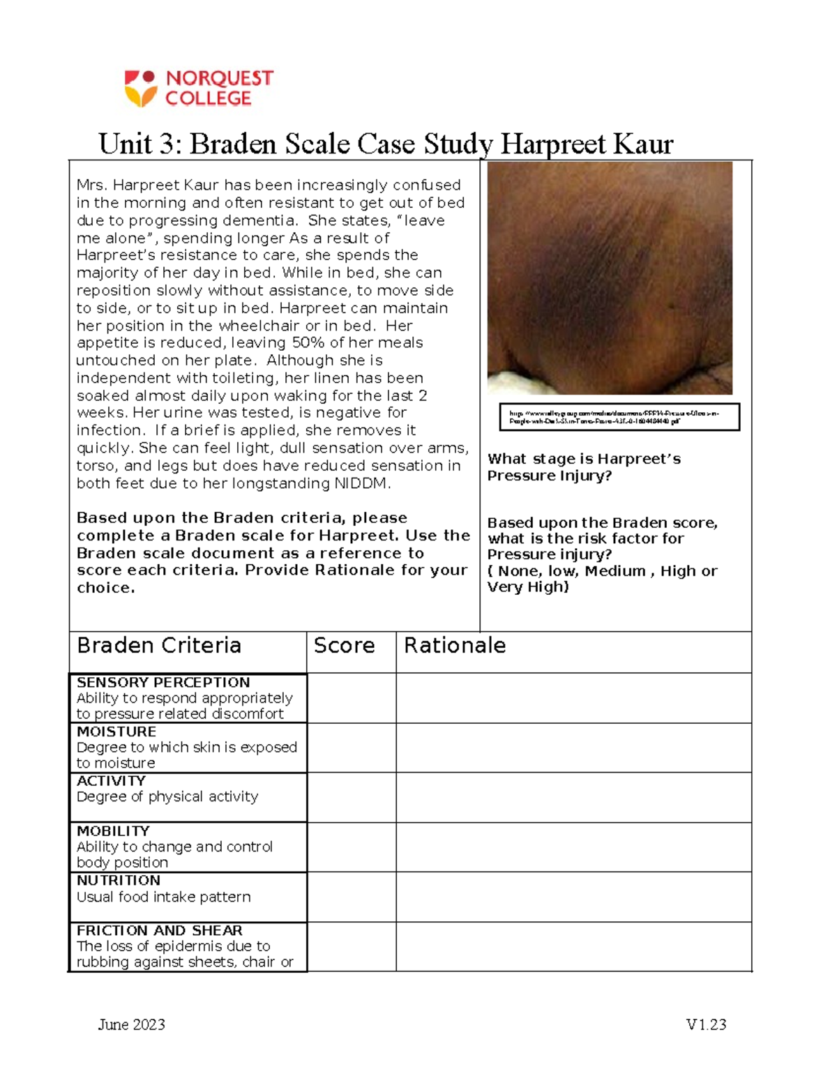 Braden Scale Scenario Harpreet Kaur V1 - Unit 3: Braden Scale Case ...