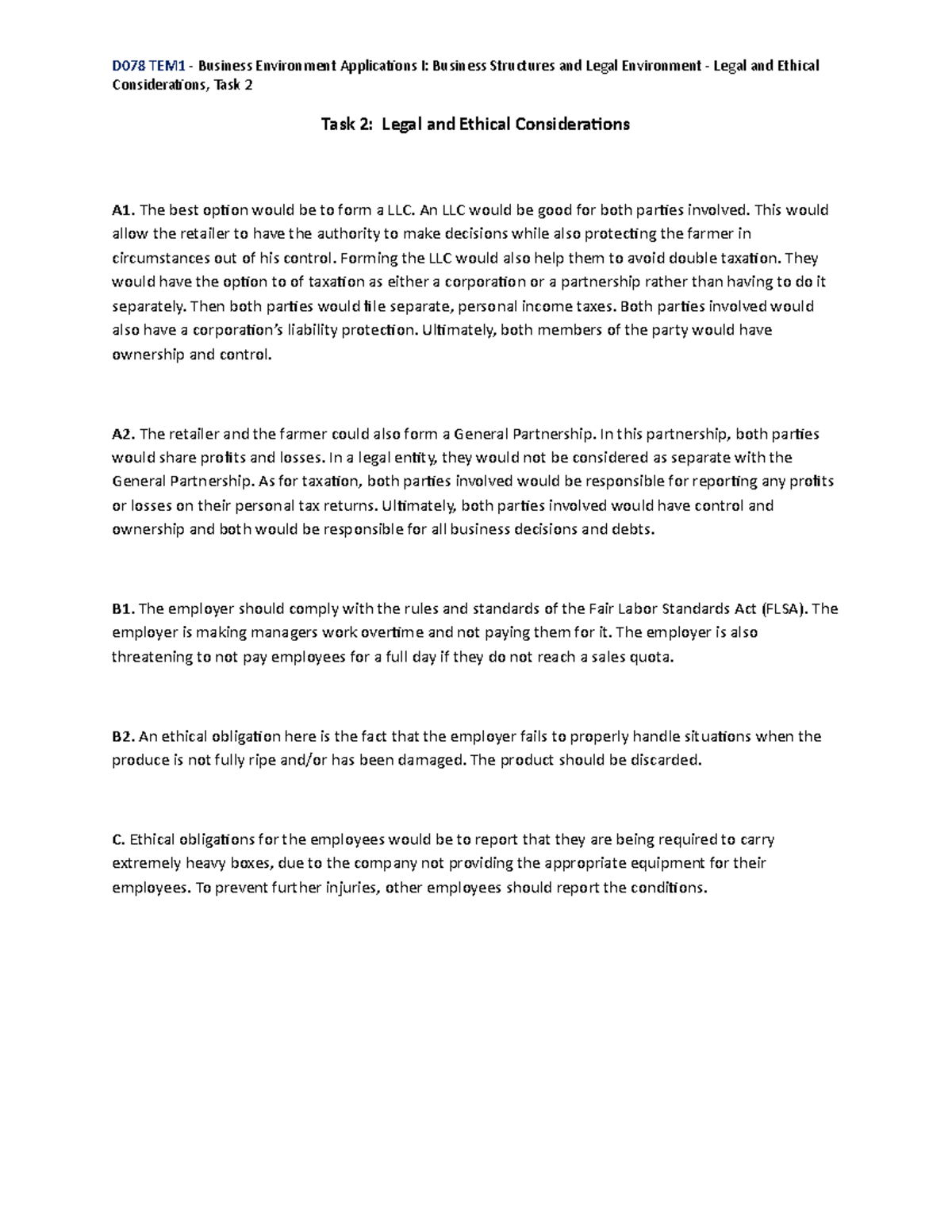 D078 Task 2 - Task 2 - D078 TEM1 - Business Environment Applications I ...