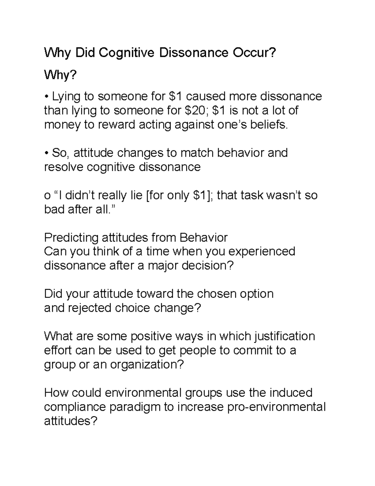 Social Psych 2 - Why Did Cognitive Dissonance Occur? Why? Lying to ...