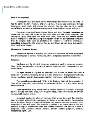 Module 1 Lesson 4 Input and Output Device - Lesson 4: Input and Output Device Input Is any data ...