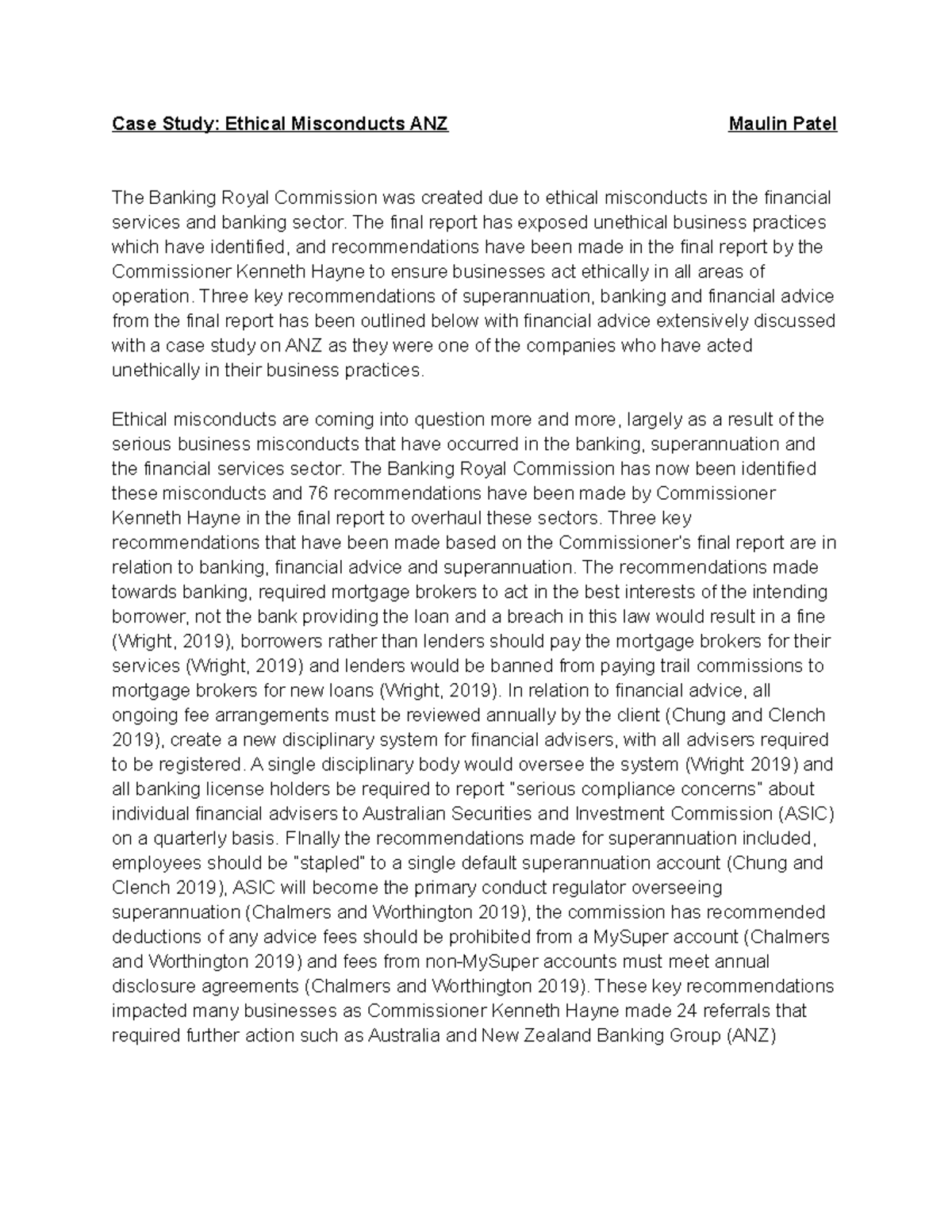 Case Study Ethical Misconducts ANZ - The final report has exposed ...