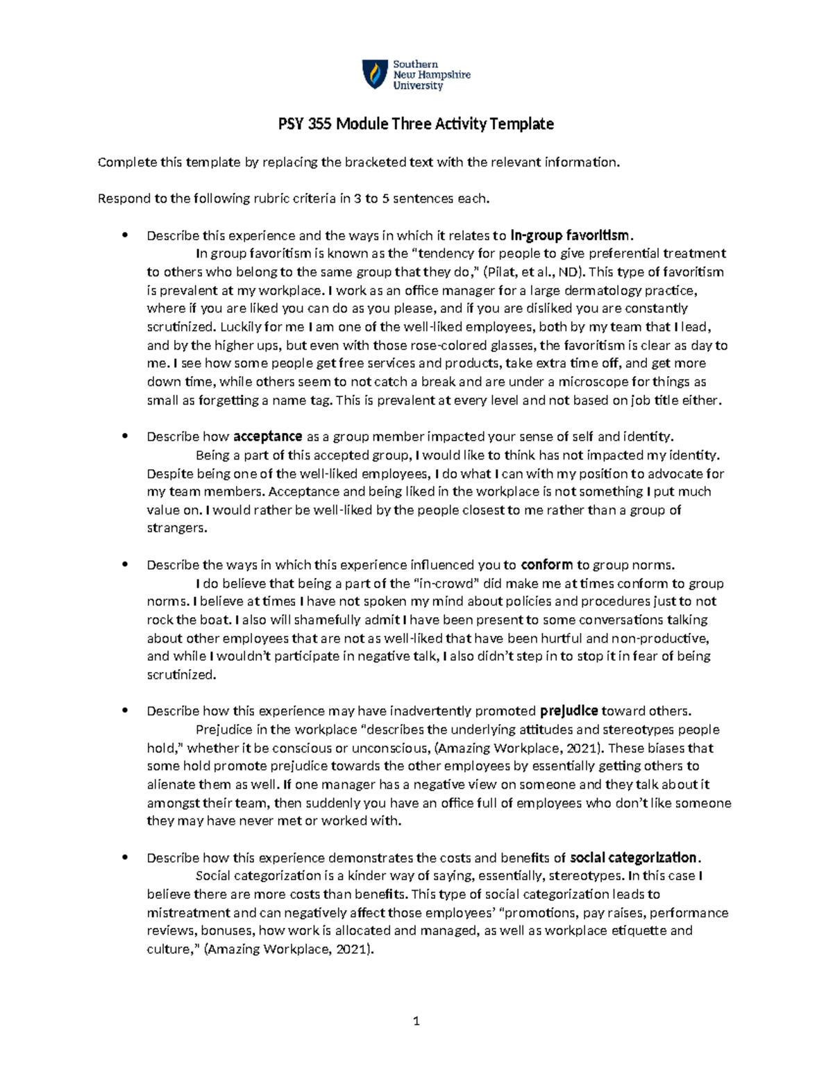 PSY 355 Module Three Activity - Respond to the following rubric criteria in 3 to 5 sentences ...