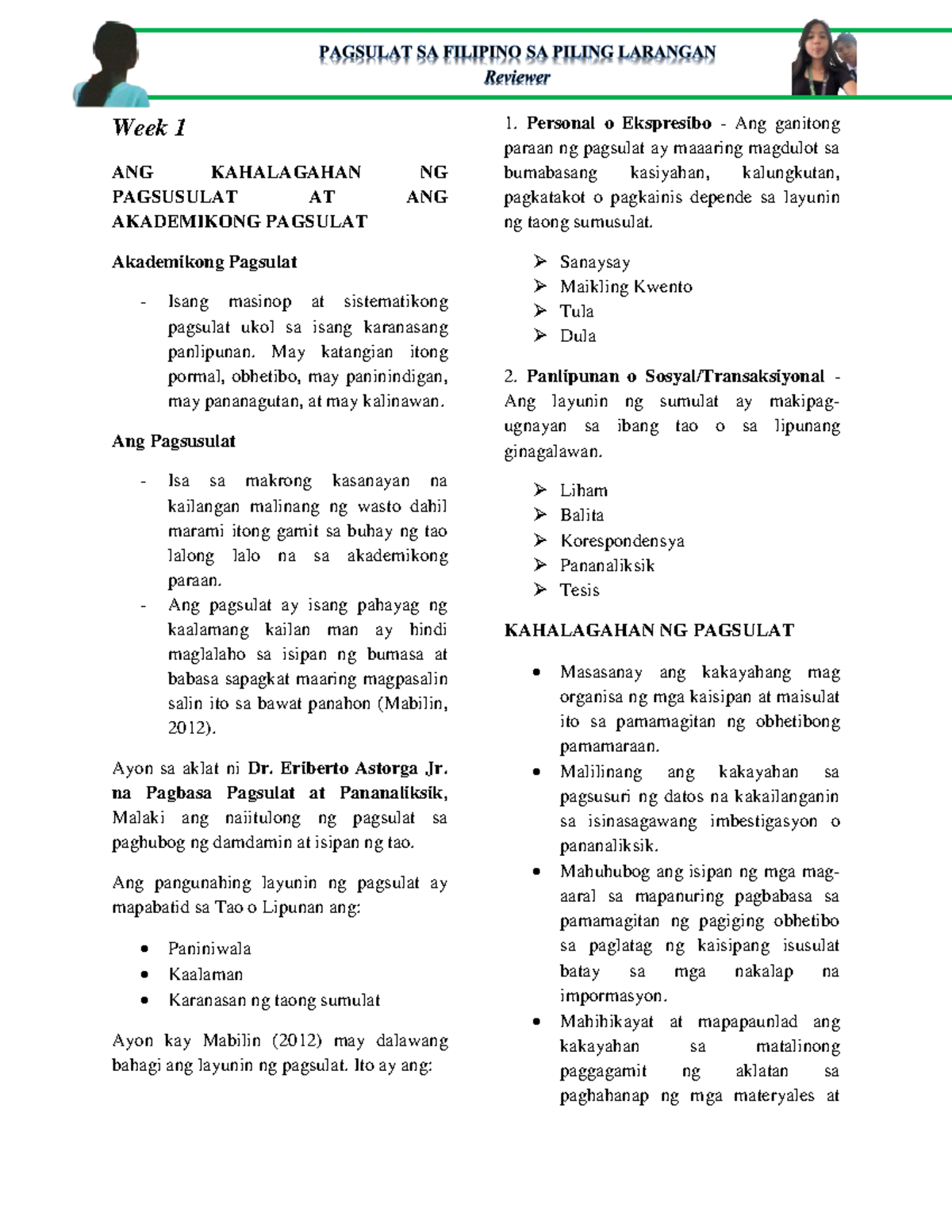 FILIPINO LESSON FOR WEEK 1-8 - Week 1 ANG KAHALAGAHAN NG PAGSUSULAT AT ...