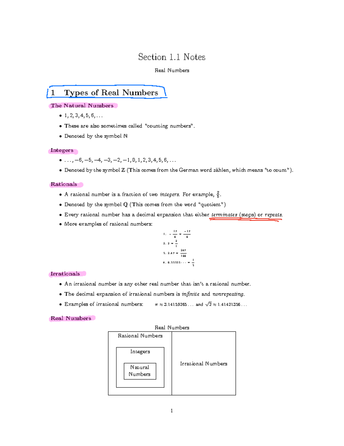 Real Numbers - Math 126 Notes with Professor Yo - Section 1 Notes Real ...