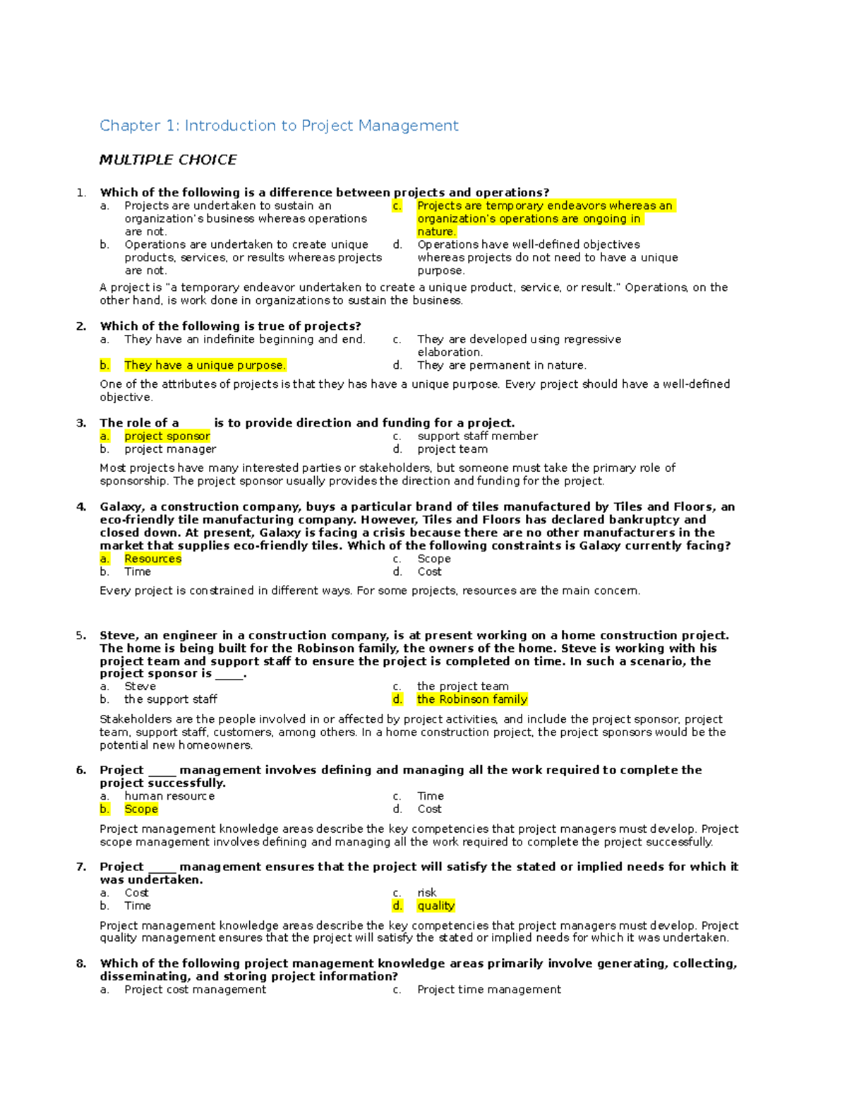 Docx - ASSIGNMENT - Chapter 1: Introduction to Project Management MULTIPLE CHOICE Which of the ...