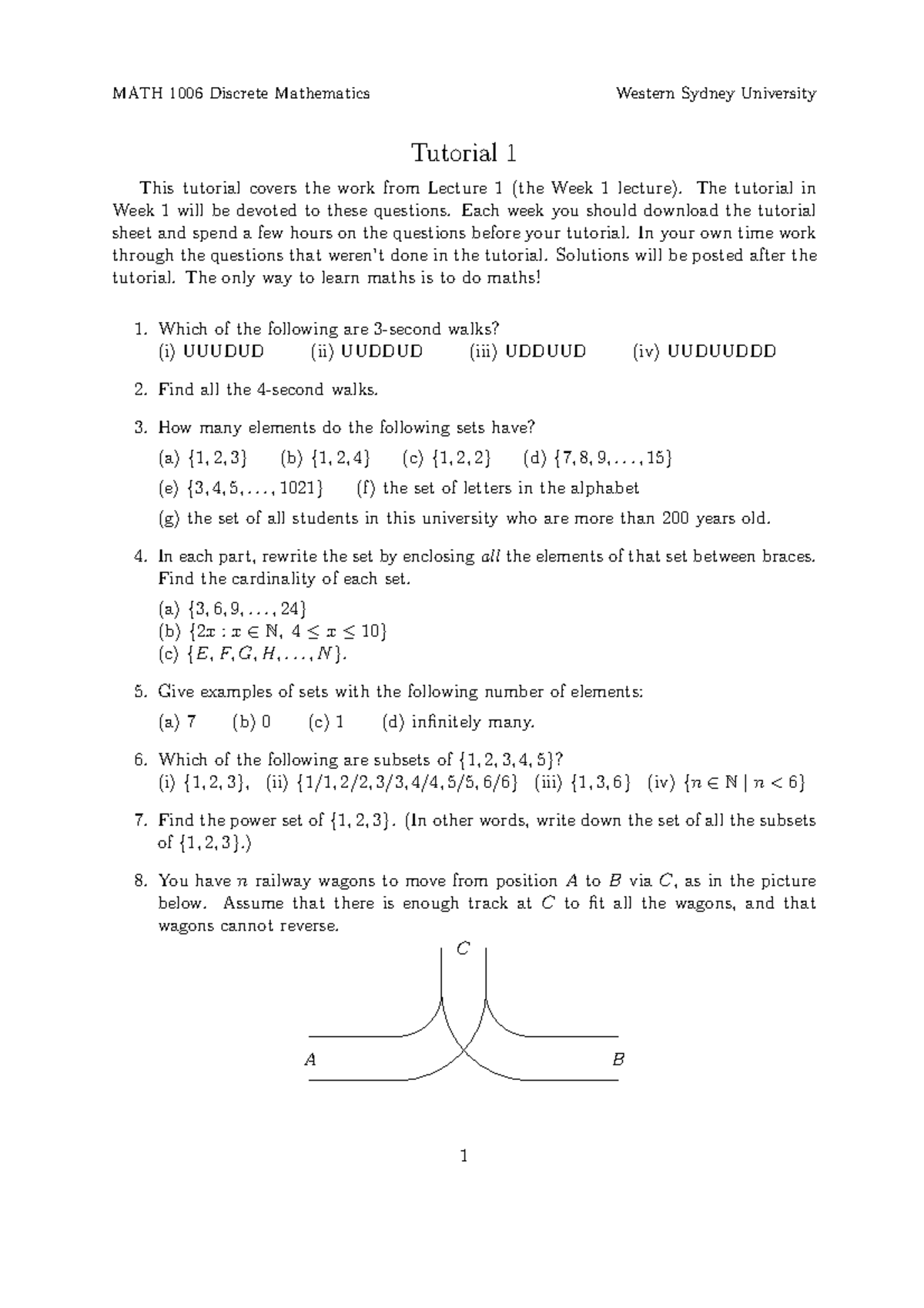 Tutorial 1 Quiz Math 1006 Discrete Mathematics Western Sydney University Tutorial 1 This