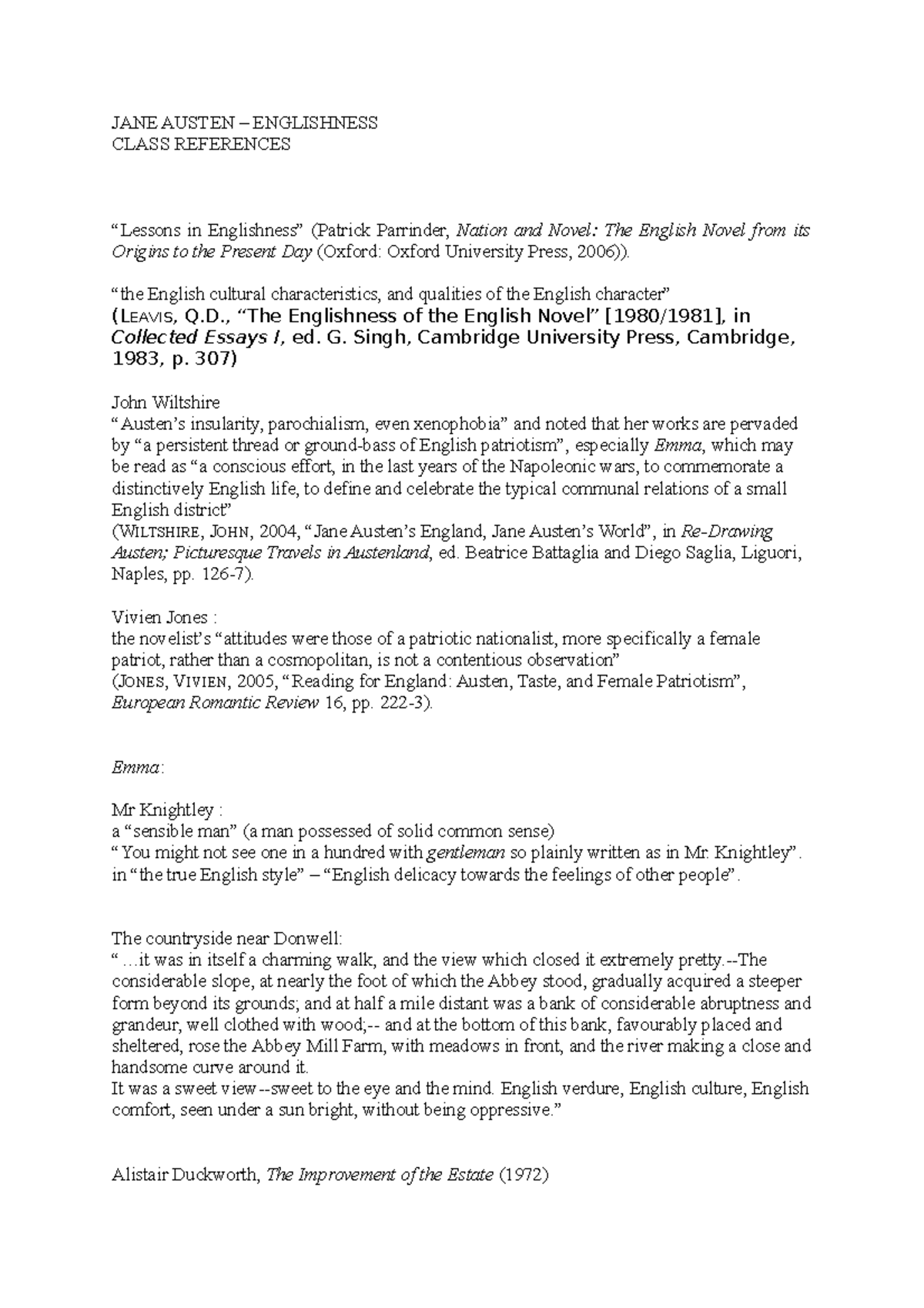 Austen and Englishness - Class References - JANE AUSTEN – ENGLISHNESS ...