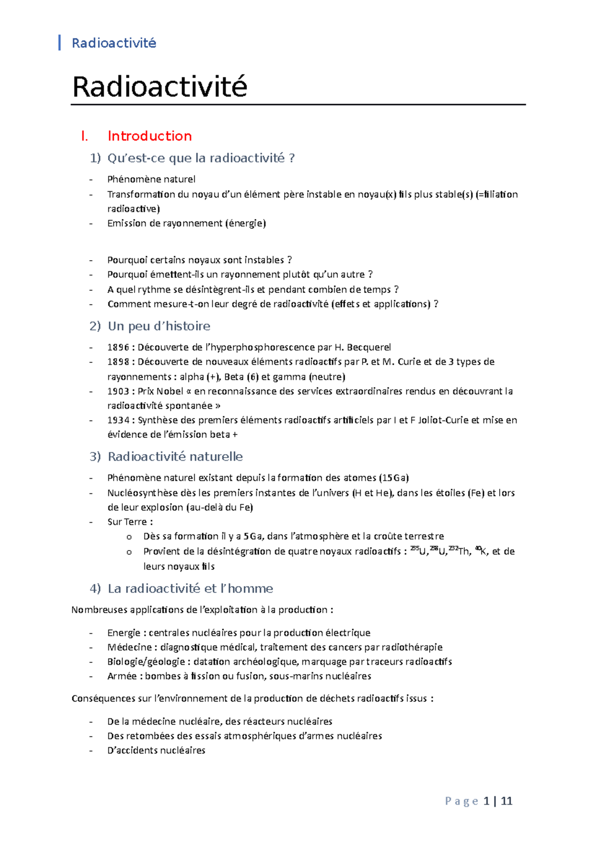 Cours Radioactivité S1 Biologie - Radioactivité I. Introduction 1) Qu ...