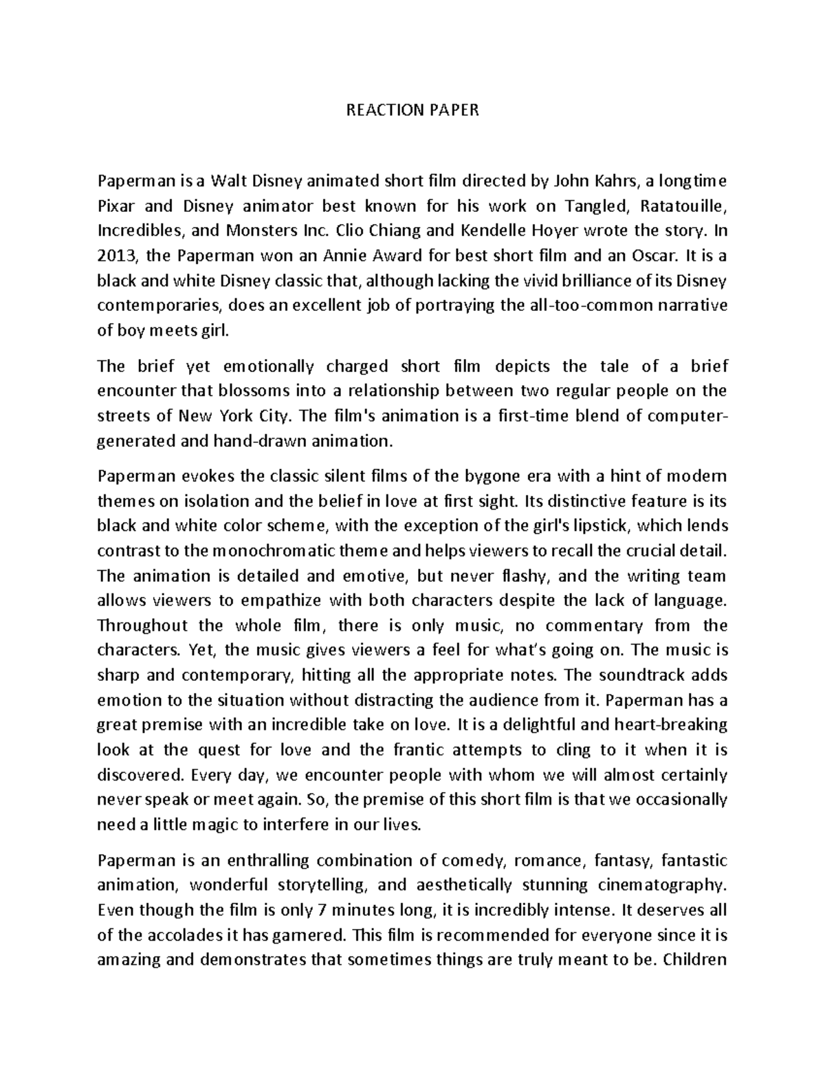 Reaction Paper - ASD - REACTION PAPER Paperman is a Walt Disney ...