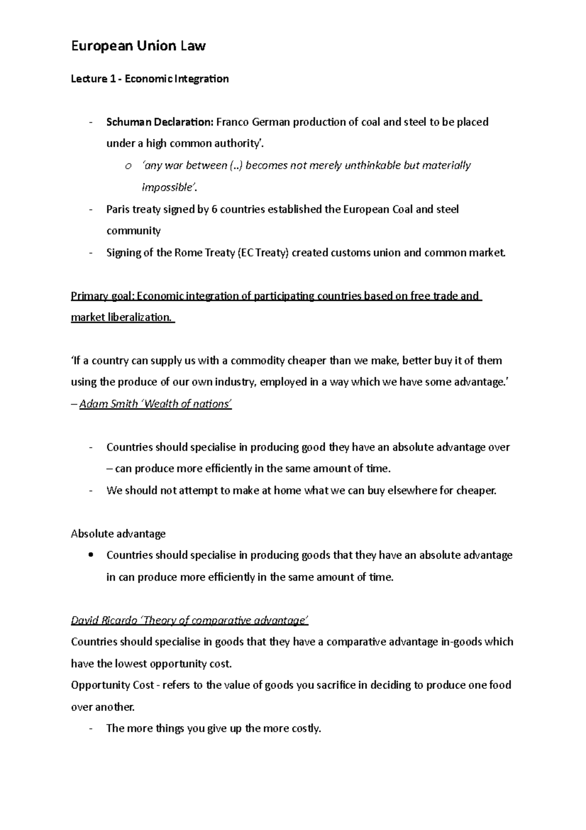 Eu Law Sem 2 - sem 2 notes - Lecture 1 - Economic Integration Schuman ...