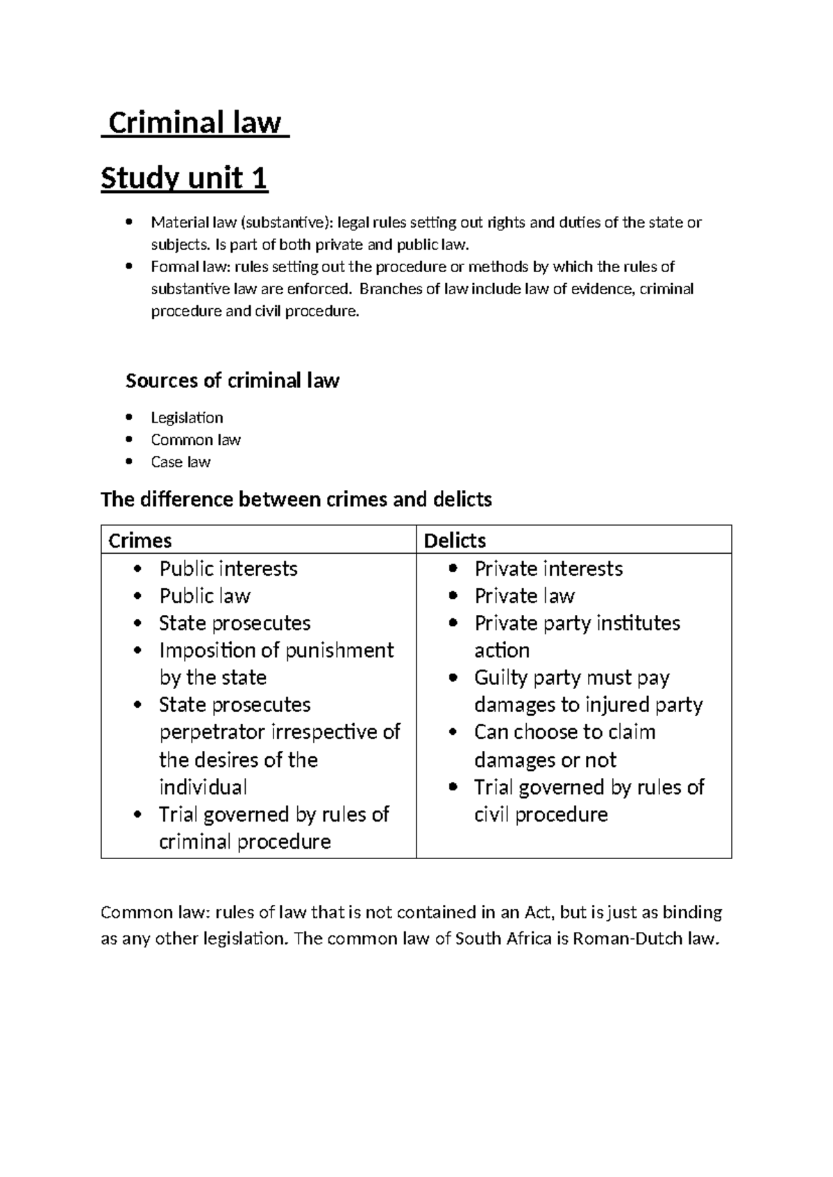 Criminal law summaries - Criminal law Study unit 1 Material law ...