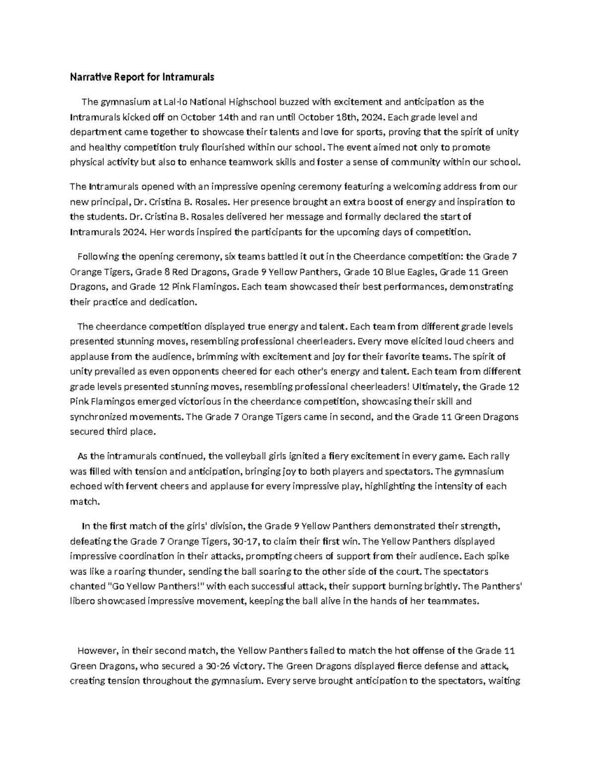 Ela Narrative - OJT PRACTICUM - Narrative Report for Intramurals The ...