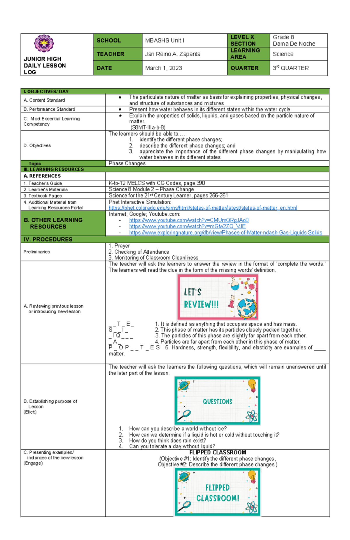 COT-1-DLL-Observation-March-1-2023 ( Final) - JUNIOR HIGH DAILY LESSON LOG SCHOOL MBASHS Unit I ...