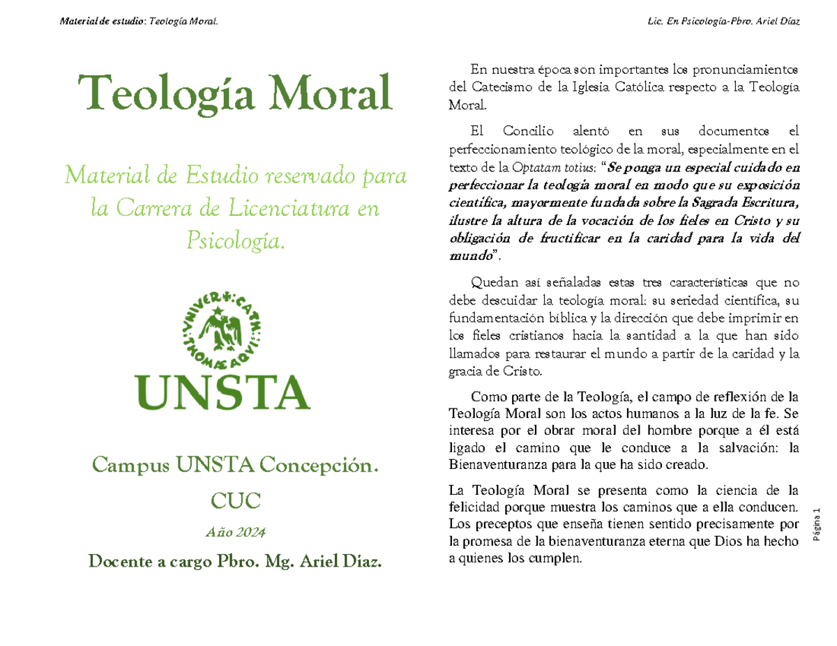 Material de estudio de Teología Moral - 2024 - Página 1 Teología Moral ...