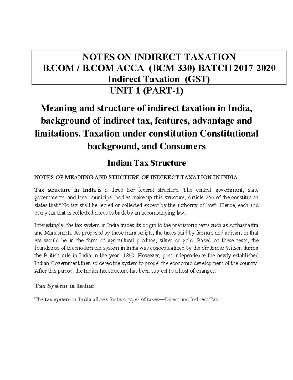 Ilide - Law notes - NOTES ON INDIRECT TAXATION B / B ACCA (BCM-330 ...