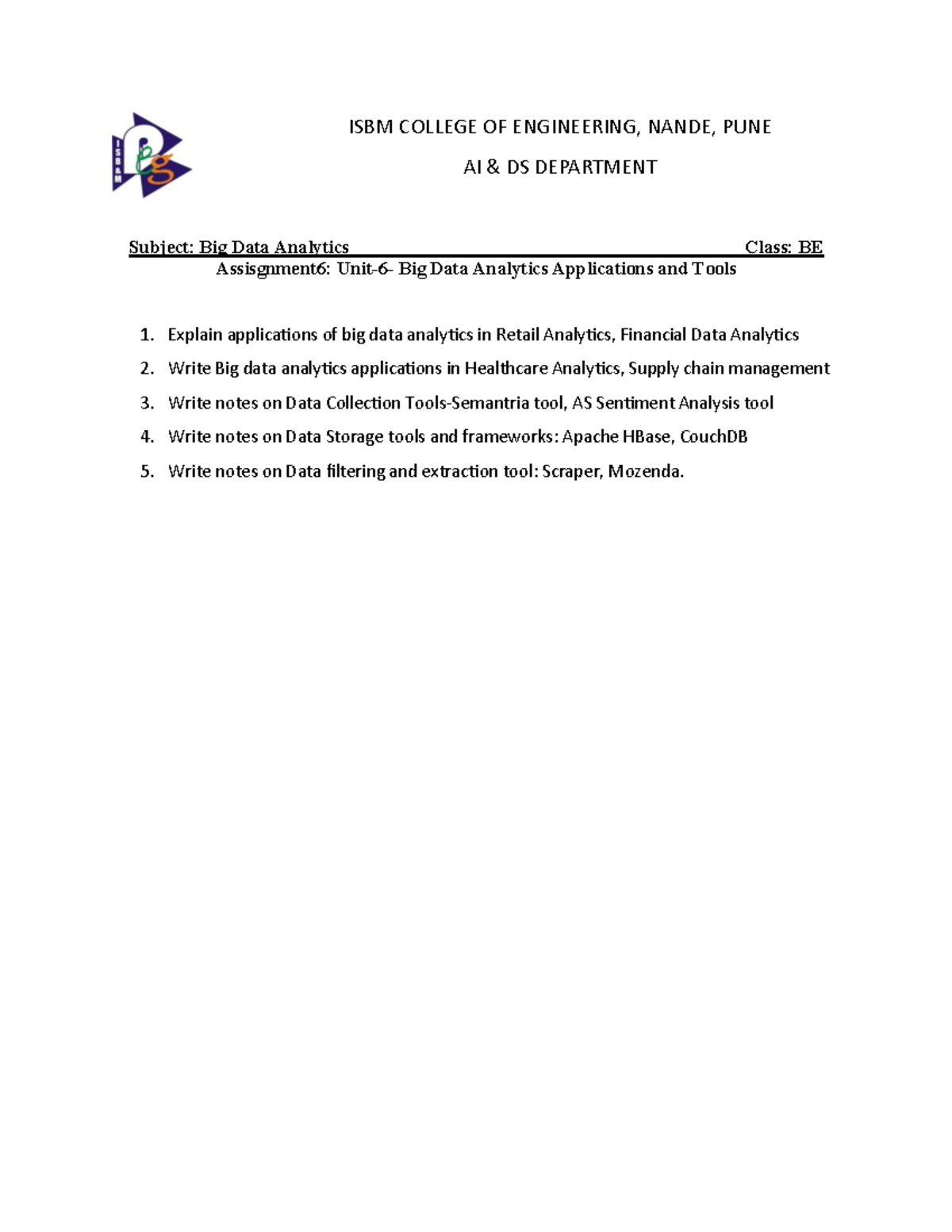 BDA AIDS Assn6 - notes - ISBM COLLEGE OF ENGINEERING, NANDE, PUNE AI ...