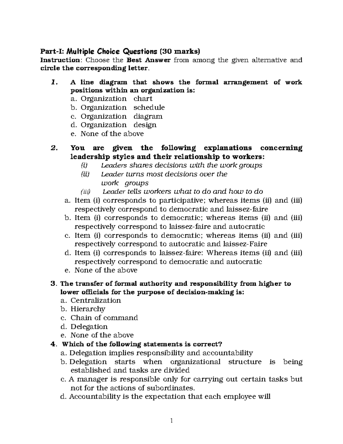 Introduction to Management exam questions - Part-I: Multiple Choice ...