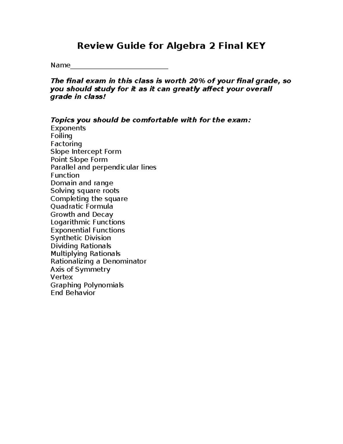 Review Guide for Algebra 2 Honors Final answer key - Review Guide for ...