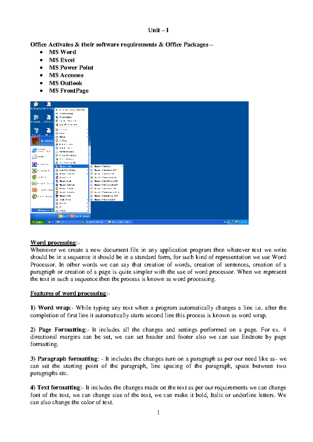 Full package notes(word,excel,powerpoint) - Unit – I Office Activates ...