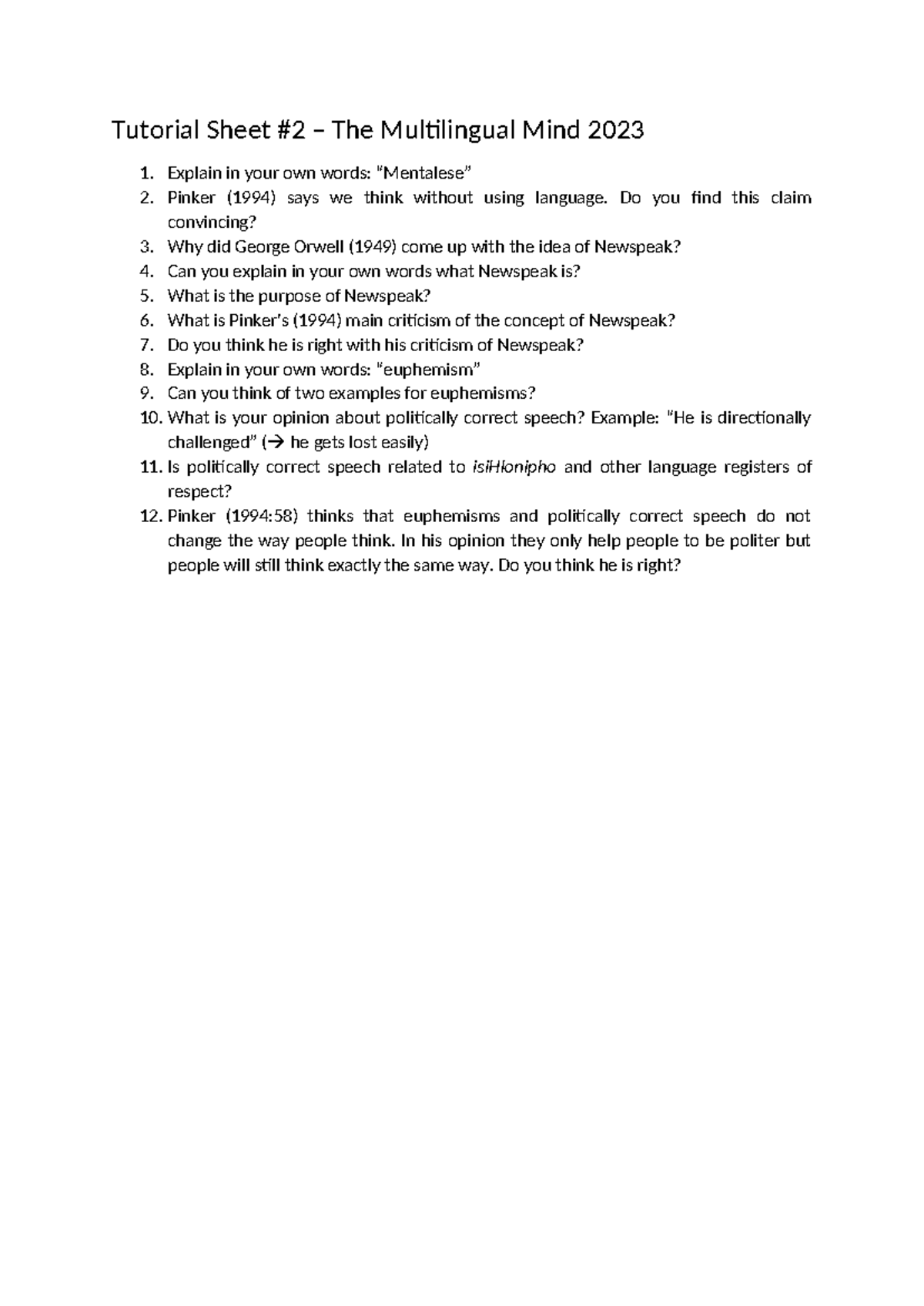 Tutorial Questions 2 - None - Tutorial Sheet #2 – The Multilingual Mind ...