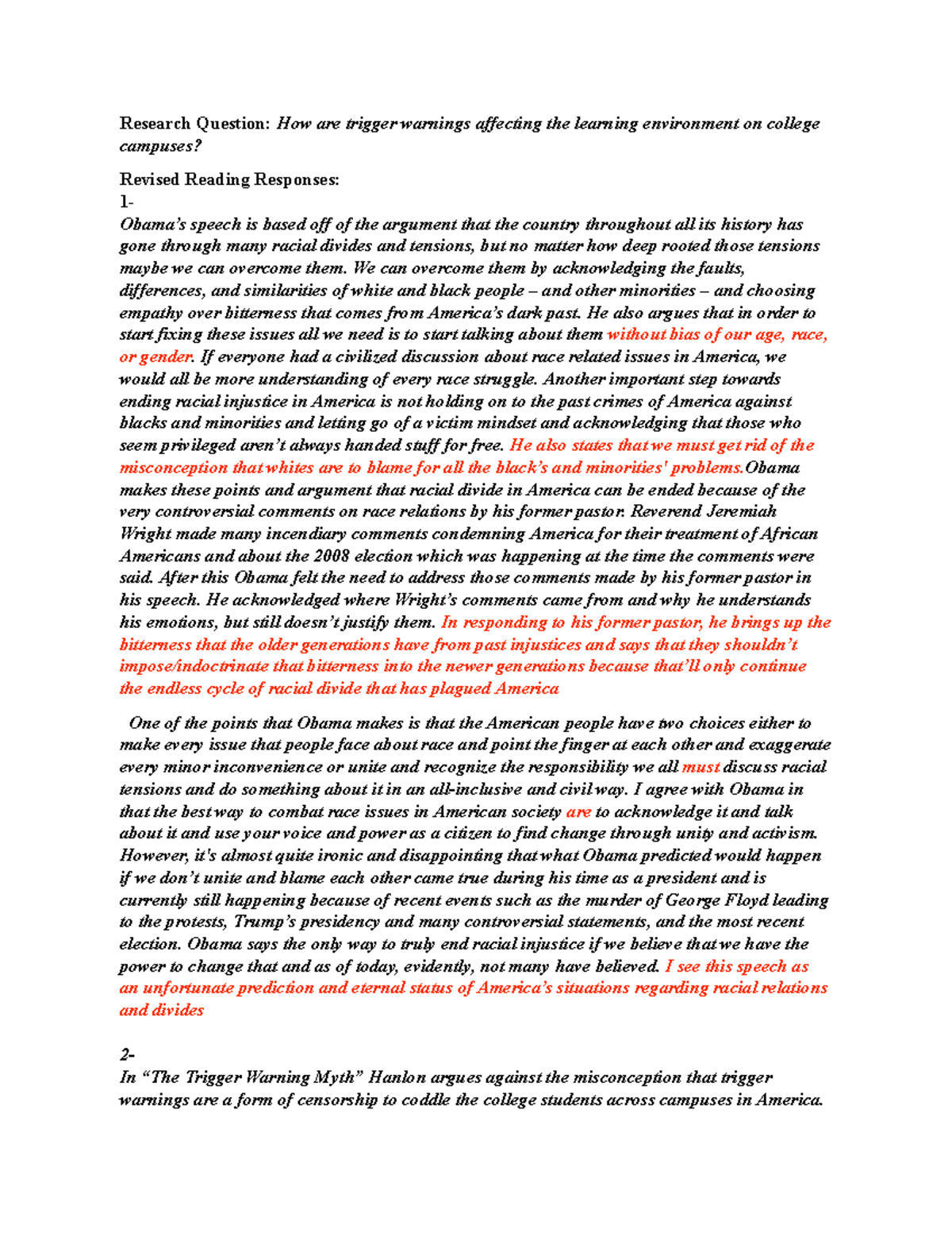 Resaerch Question, Revised Reading Responses, Synthesis Paper 1 ...