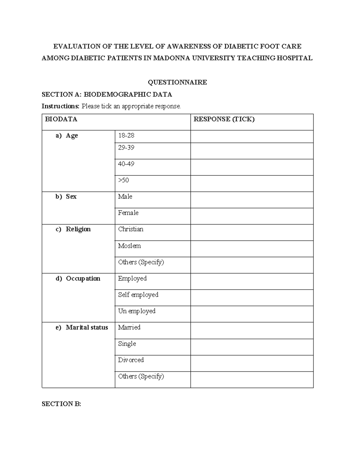 ( Questionnaire) Evaluation OF THE Level OF Awareness OF Diabetic FOOT ...