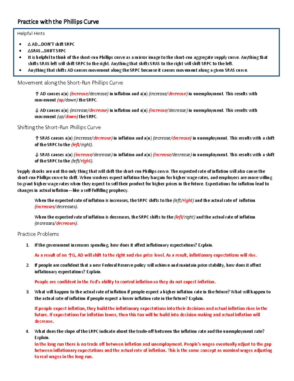 Practice Phillips Curve KEY - Practice with the Phillips Curve Helpful ...