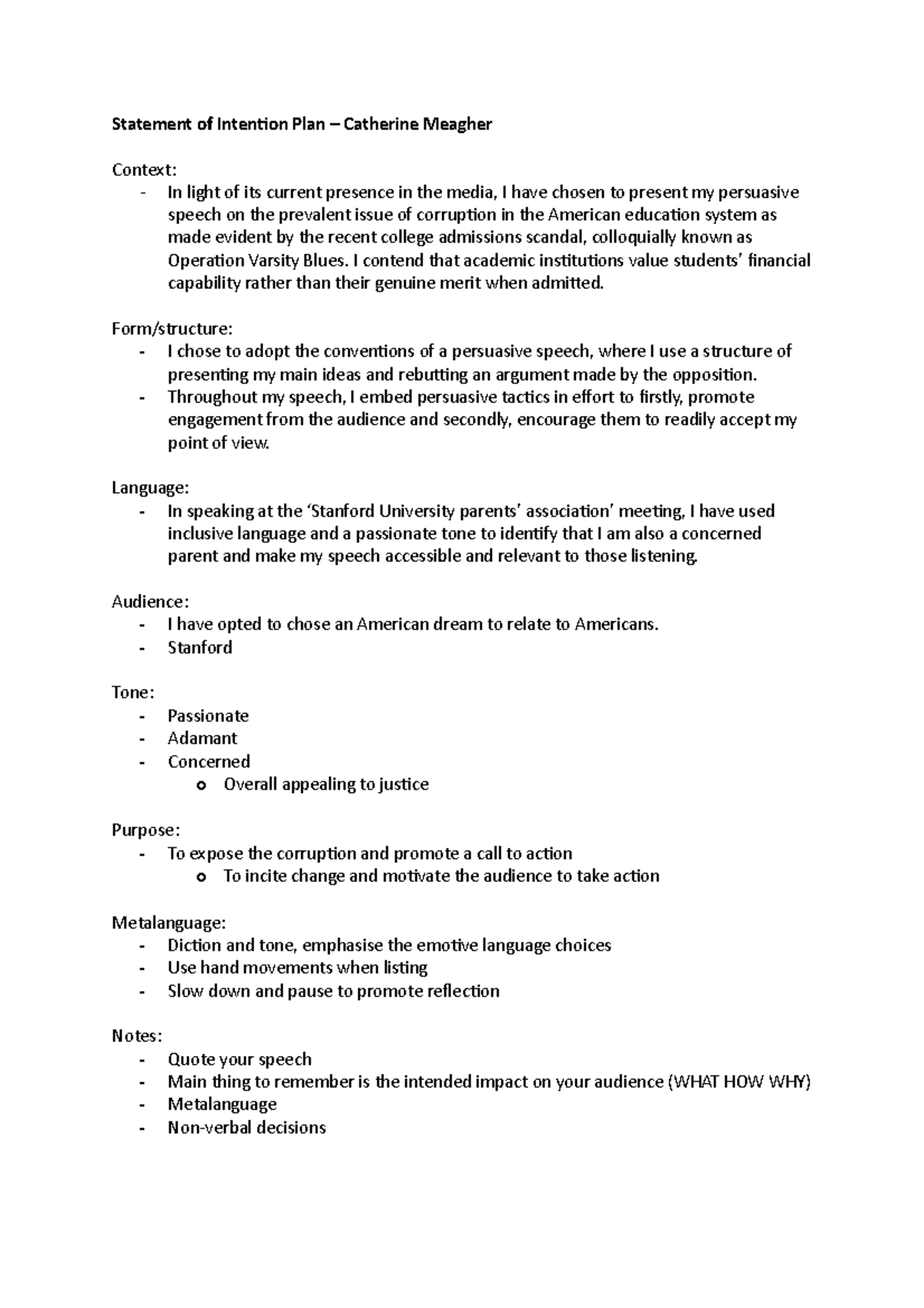 Outline Plan for Oral Statement - Statement of Intention Plan ...