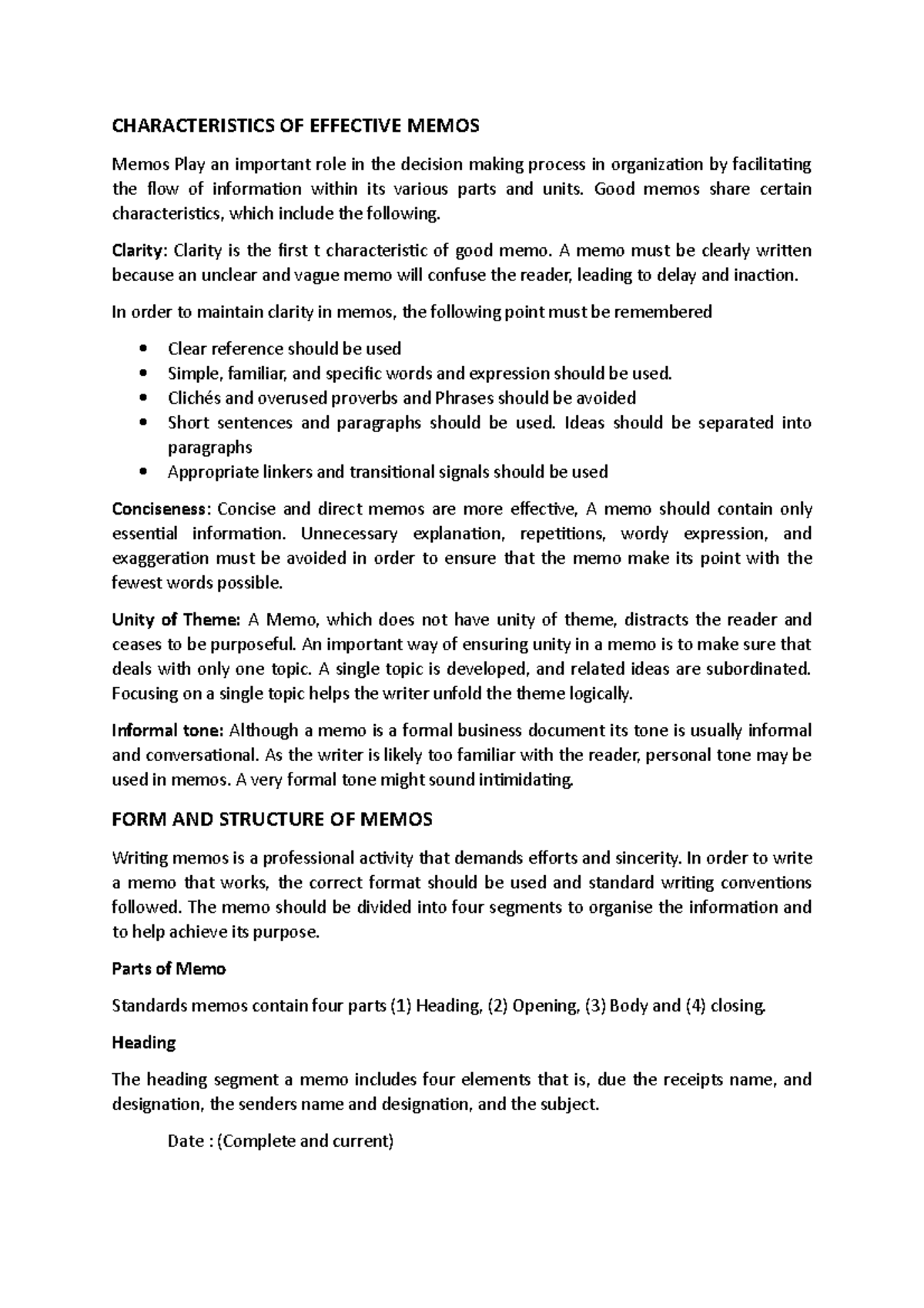 Characteristics OF Effective Memos - CHARACTERISTICS OF EFFECTIVE MEMOS ...