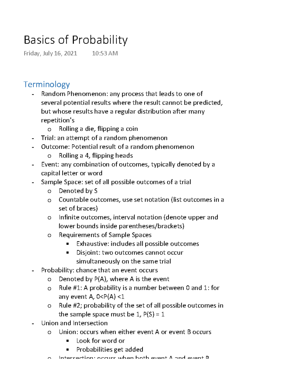 Basics of Probability - Over the Summer course - Terminology Random ...