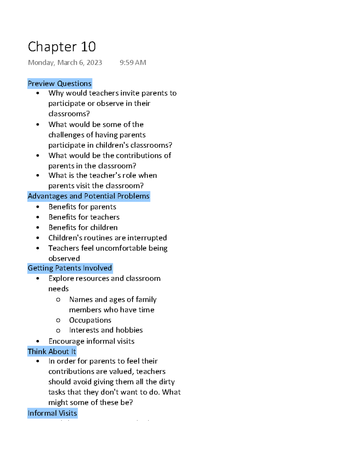 Chapter 10-1 - Professor Brittany Sammons - Preview Questions Why would teachers invite parents ...