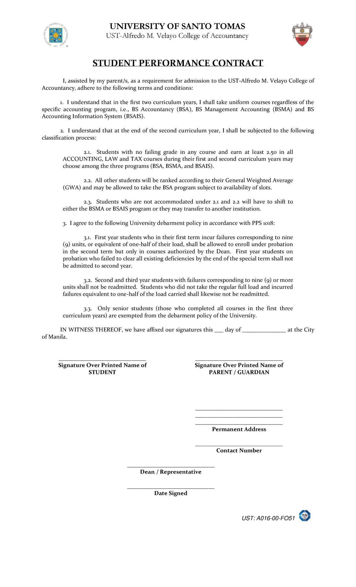 AMV FO51 Student Performance Contract - UNIVERSITY OF SANTO TOMAS UST ...