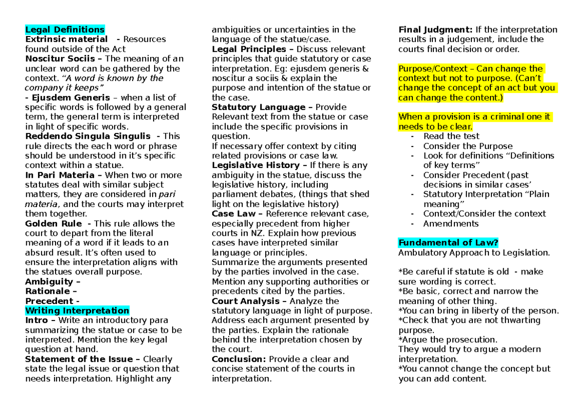 Legal Reasoning - Notes - Legal Definitions Extrinsic material ...