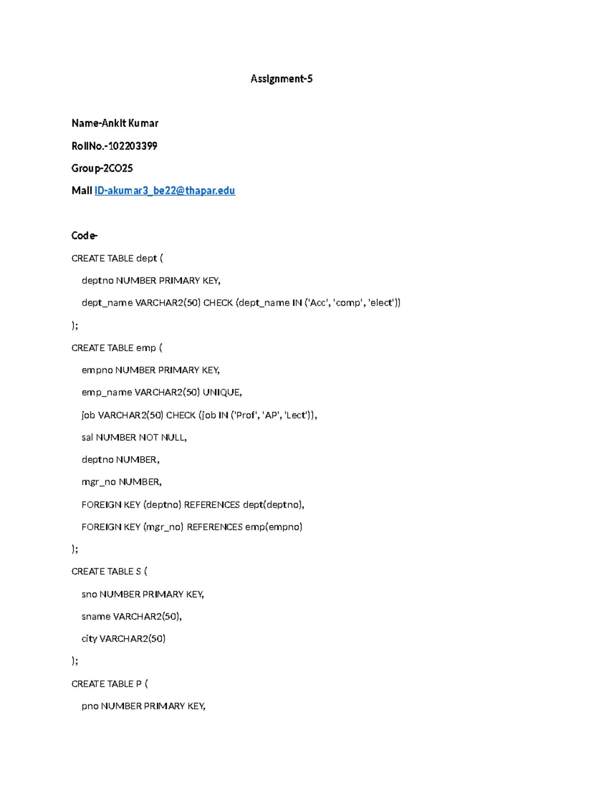 Assignment 5DBMS - Assignment- Name-Ankit Kumar RollNo.- Group-2CO Mail ...