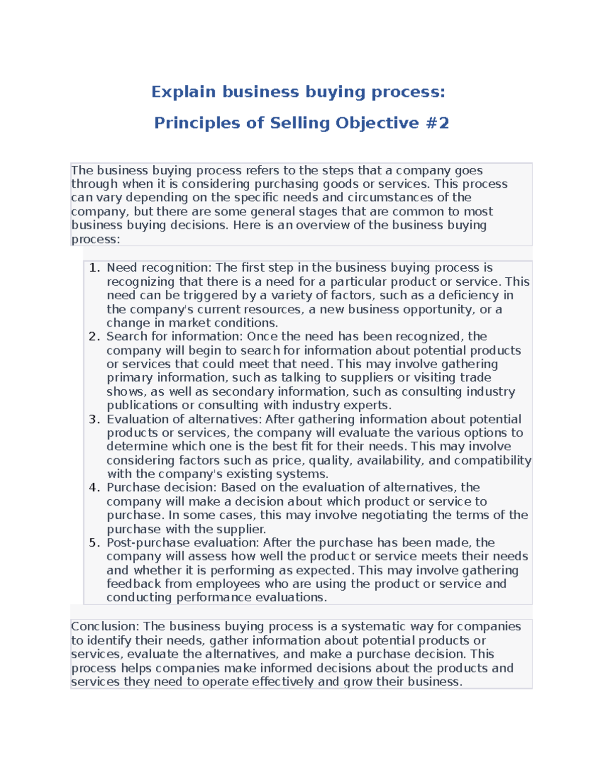 Principles of Selling Objective 2 - Lecture Notes - Explain business ...