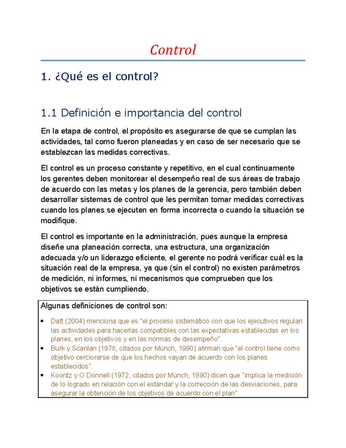 Control - Apuntes - Control 1. ¿Qué es el control? 1 Definición e ...