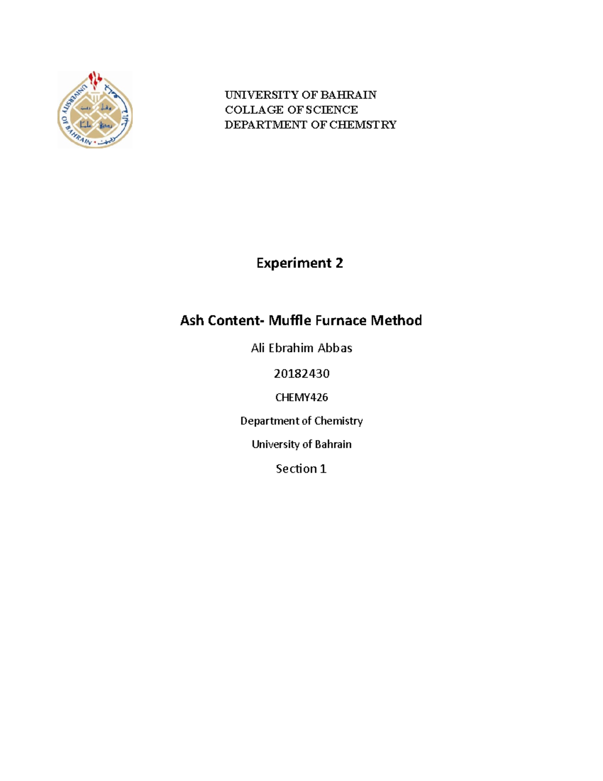 Experiment 2 CHEMY426 - Ash content- muffle furnace method - Experiment ...