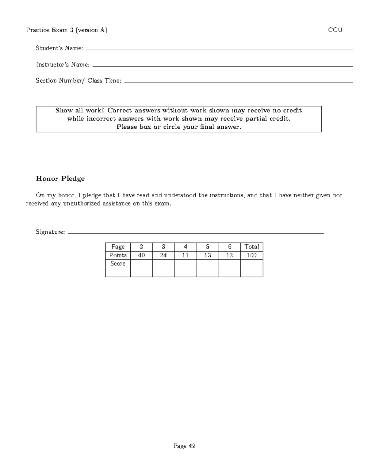 2. Math 133 Practice Exams 3A Solutions - Student’s Name: Instructor’s ...