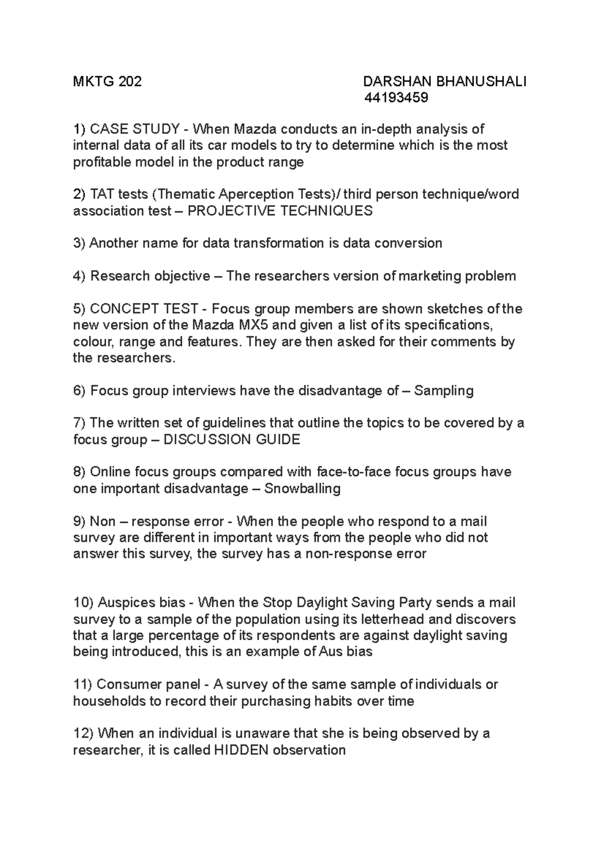 MKTG 202 Cheat Sheet - MKTG 202 DARSHAN BHANUSHALI 44193459 CASE STUDY ...