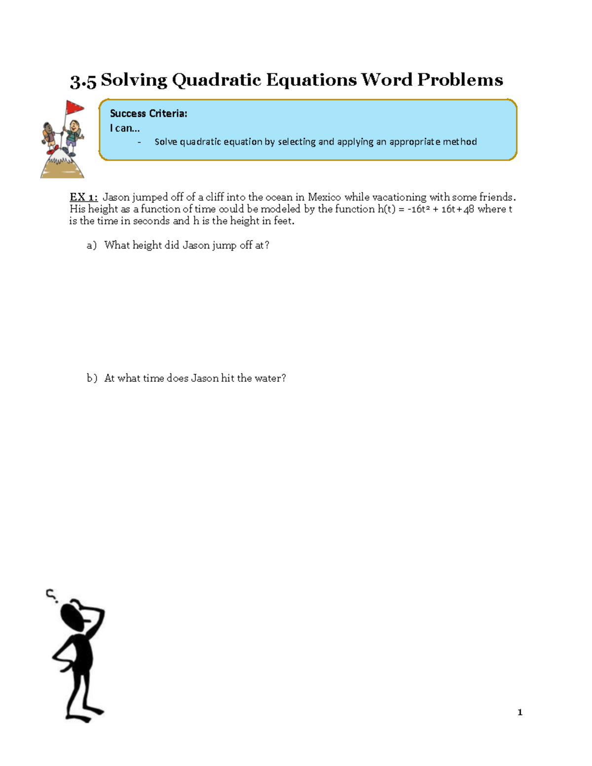 3.5b Solving Quadratic Equations Word Problems Blank Lesson - 1 3 ...