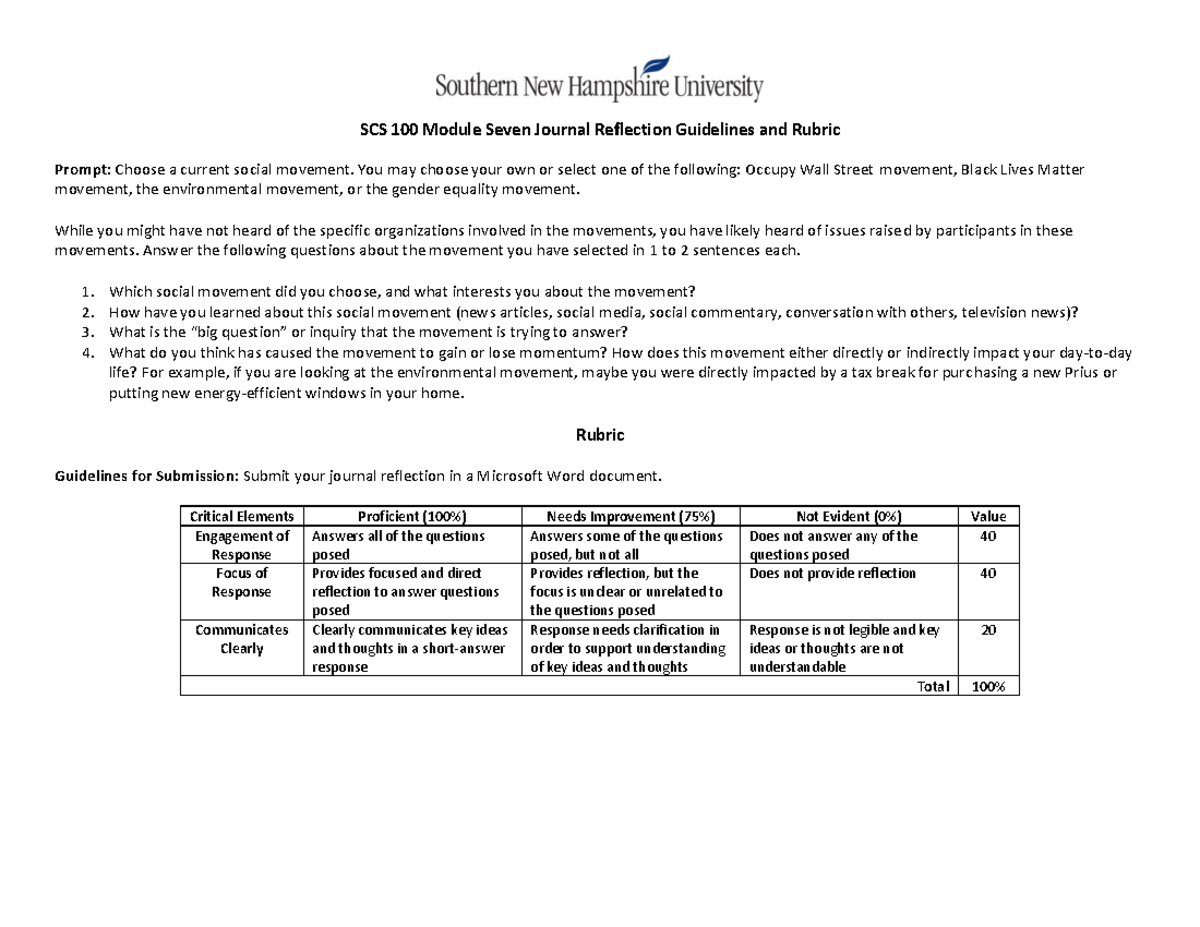 SCS 100 Module Seven Journal Reflection Guidelines and Rubric - You may ...