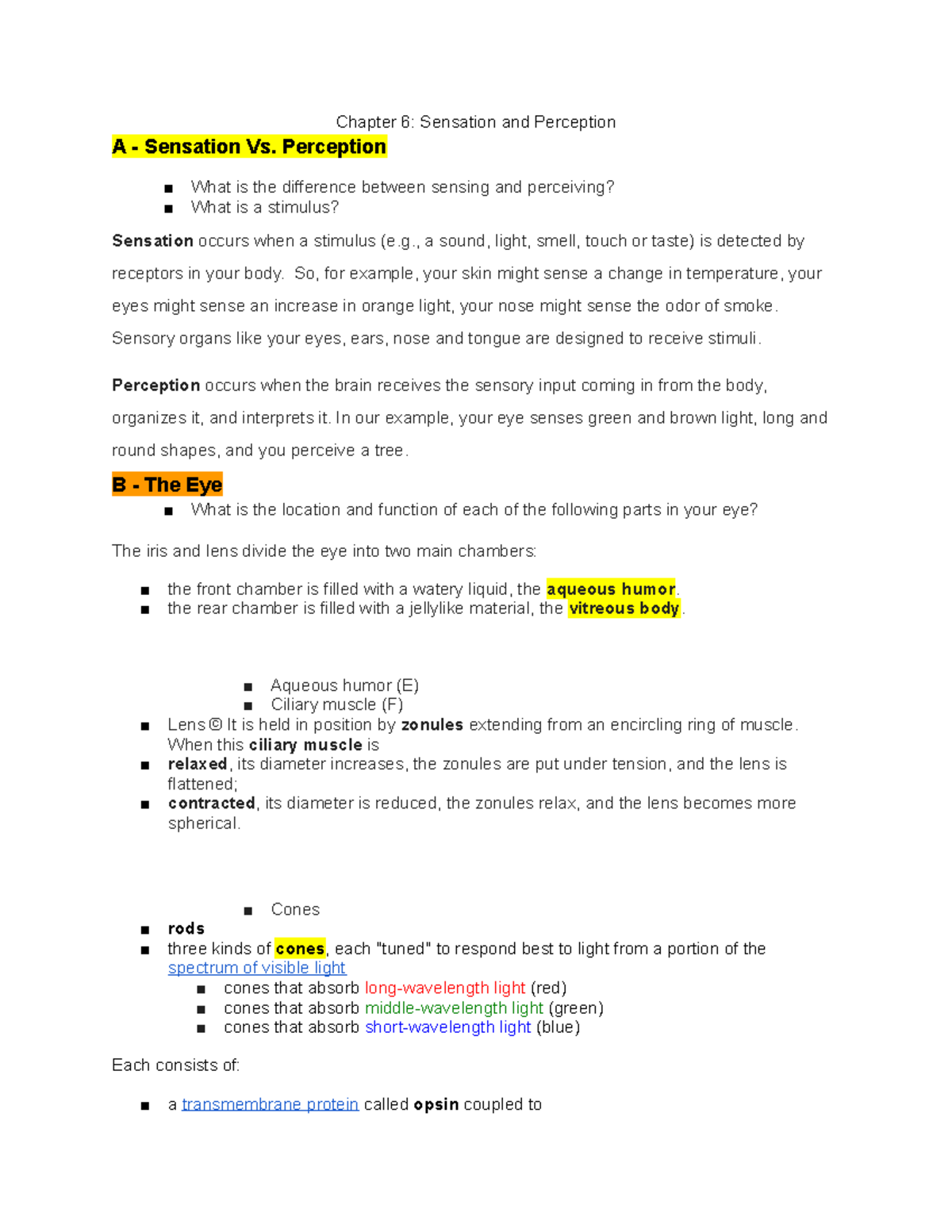 Chapter 6 - Chapter 6: Sensation and Perception A - Sensation Vs ...