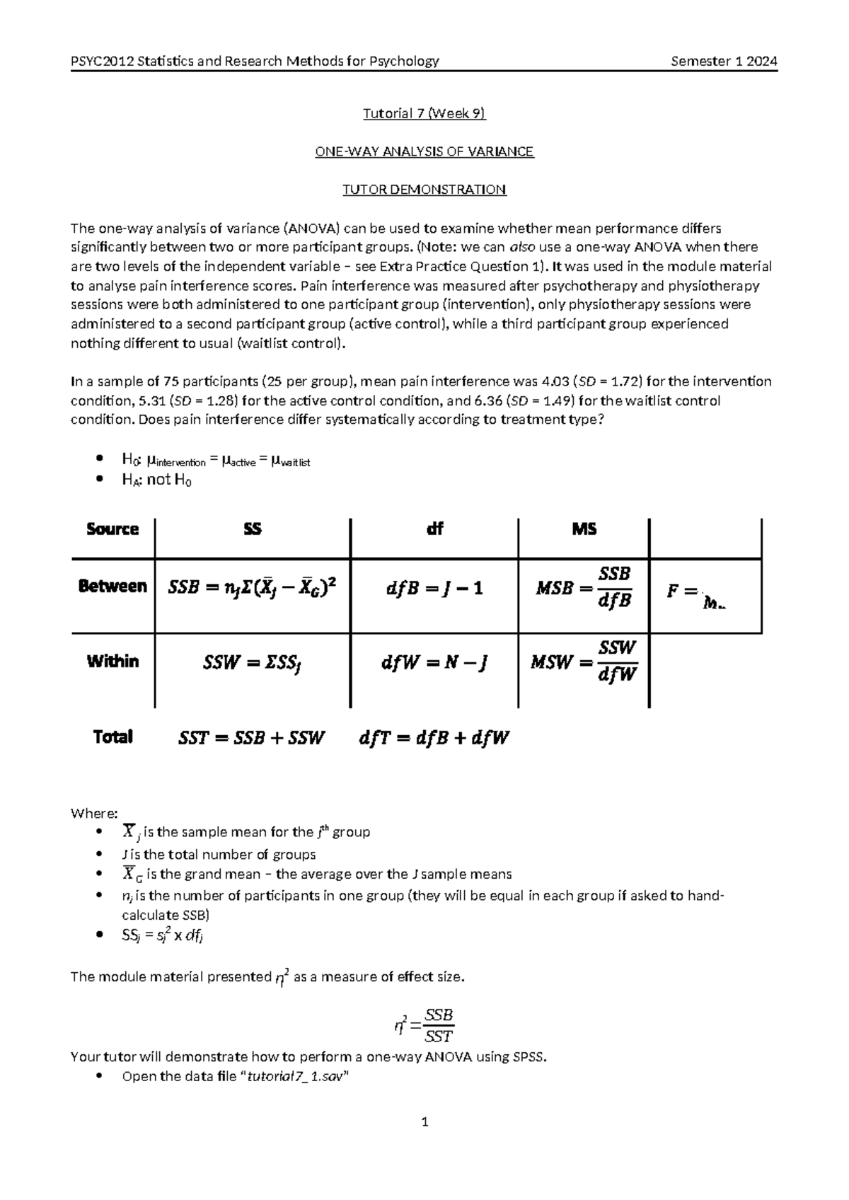 PSYC2012 Tutorial 7 2024-1 - Tutorial 7 (Week 9) ONE-WAY ANALYSIS OF VARIANCE TUTOR ...