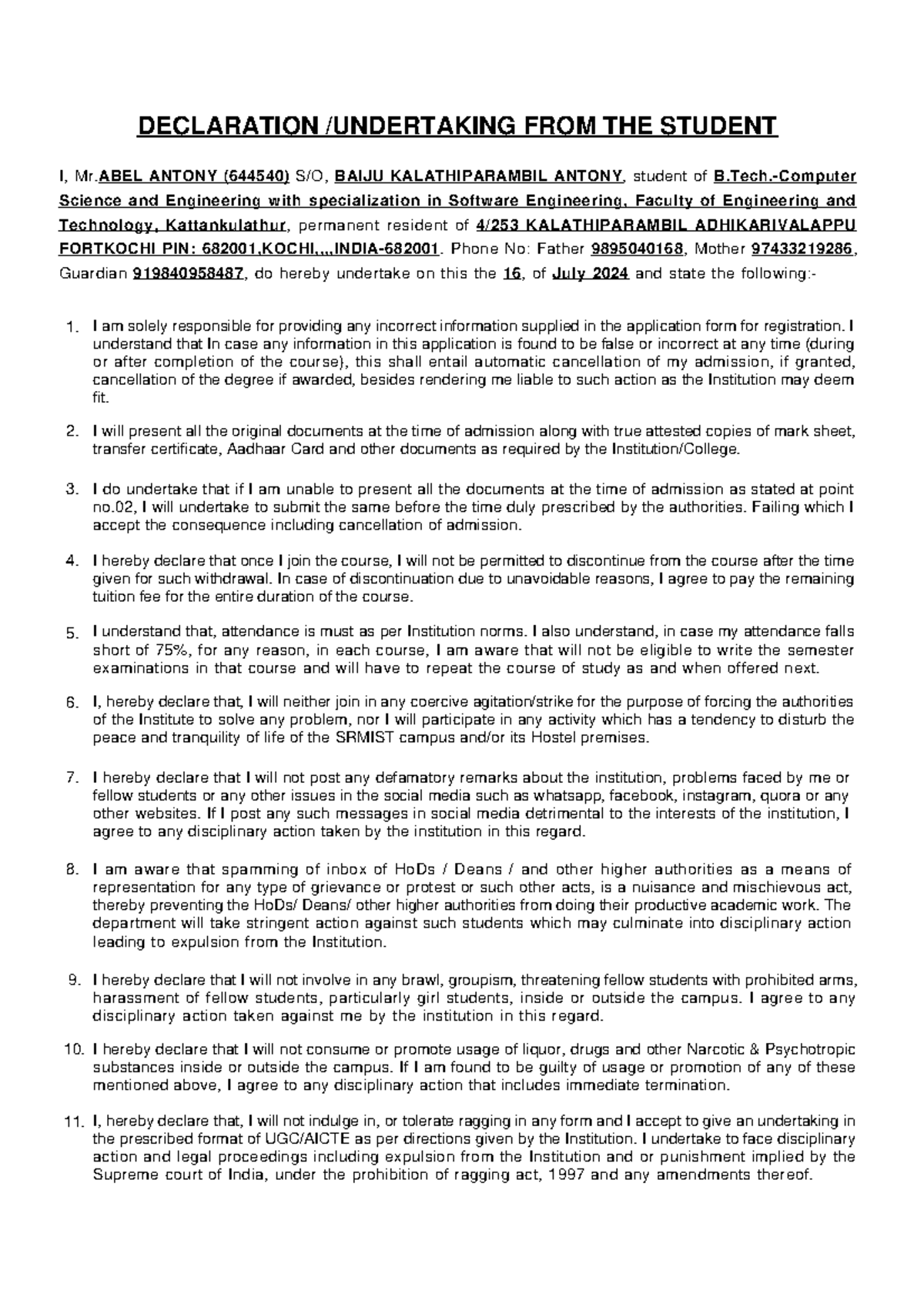 Print Declaration And Affidavit Forms - DECLARATION /UNDERTAKING FROM ...