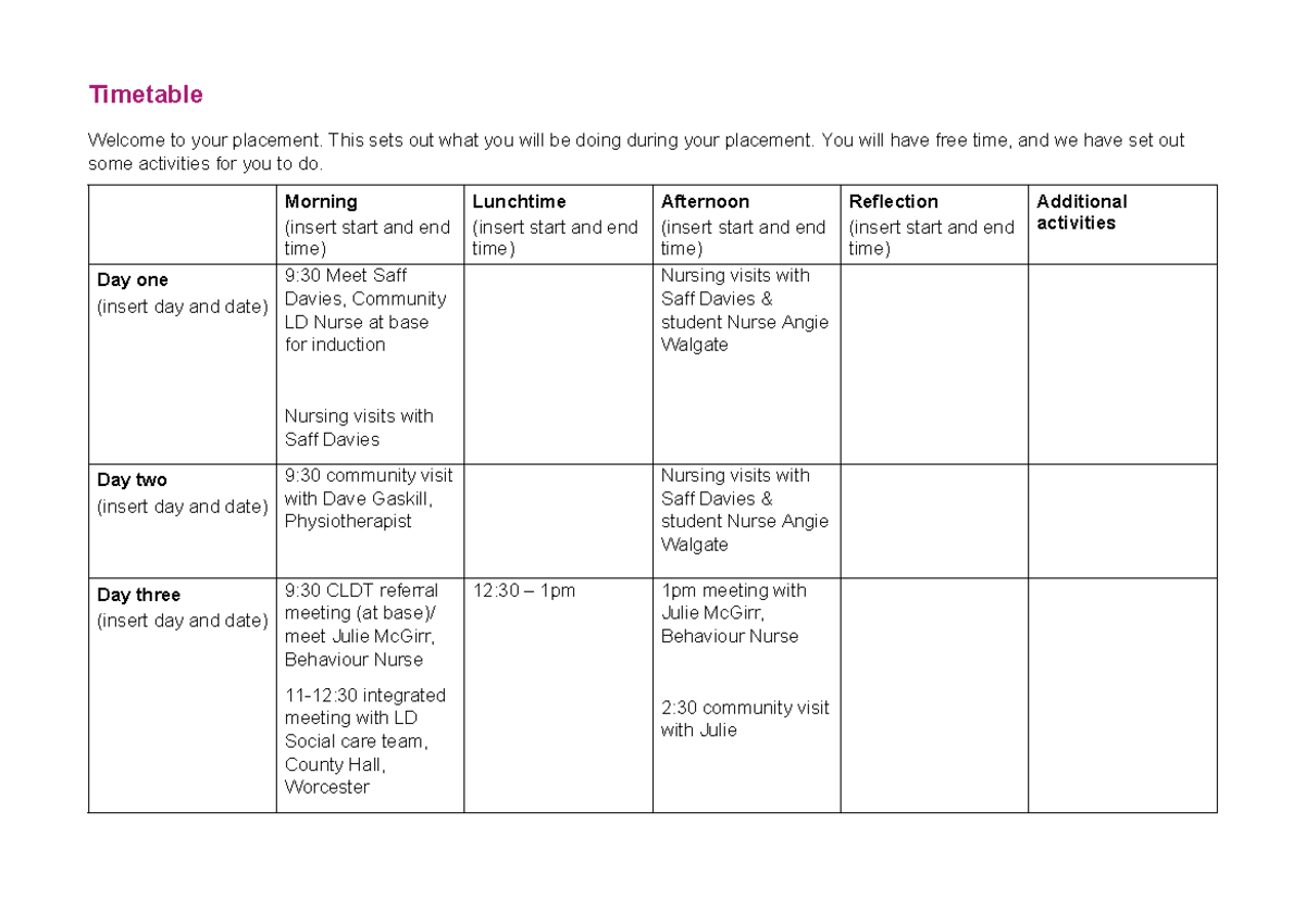 Alice Welsby Work Experience Placement - Timetable - Timetable Welcome ...