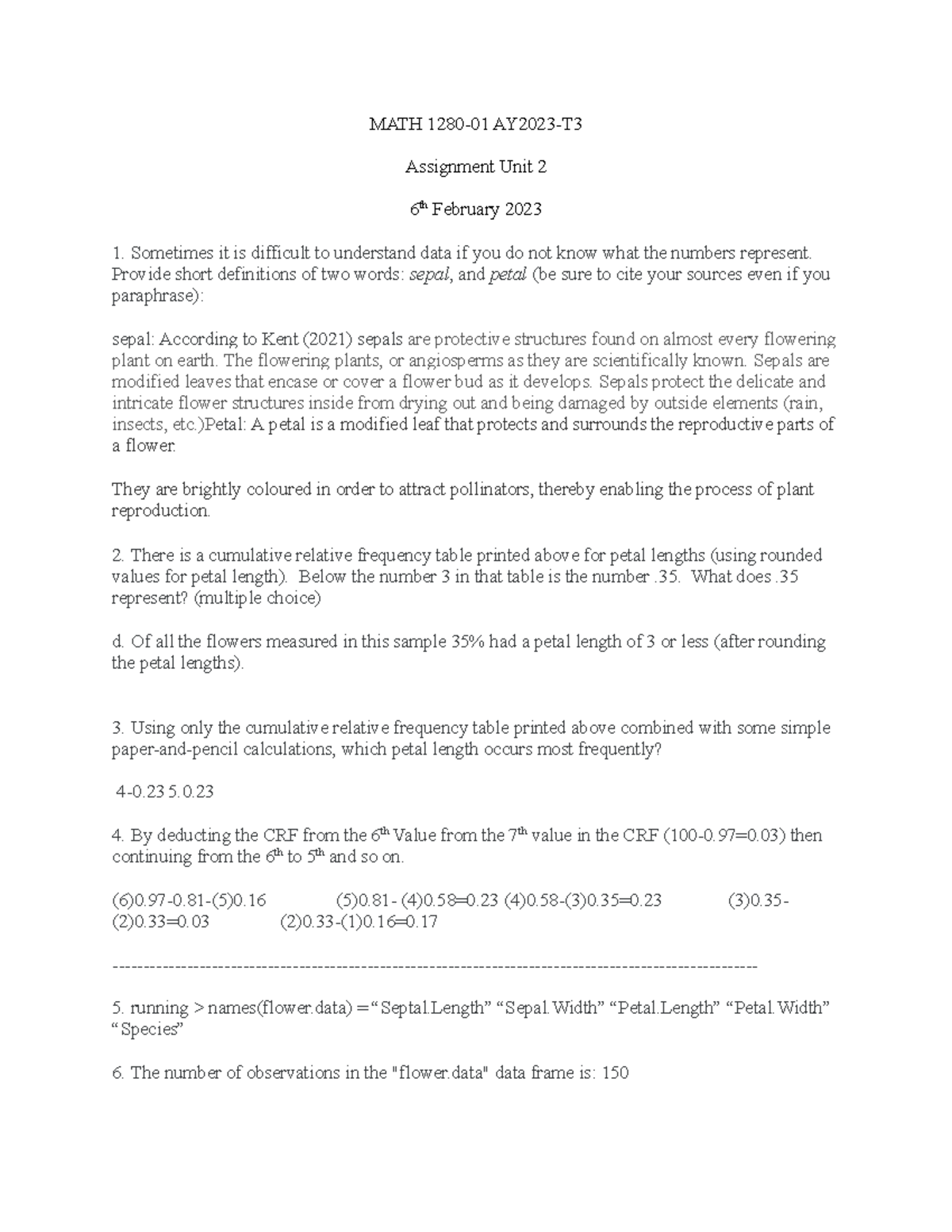 Intro Stats Ass 2 Week 2 Math 1280 01 Ay2023 T Assignment Unit 2 6 Th February 2023