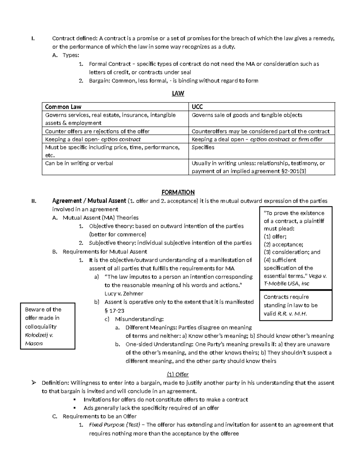 Formation Sytnthesized Rule - I. Contract defined: A contract is a ...