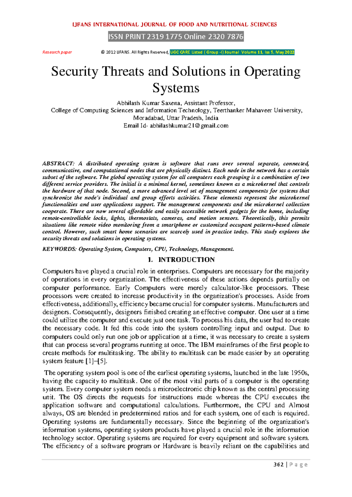 Threats in operating system - ISSN PRINT 2319 1775 Online 2320 7876 Research paper © 2012 IJFANS ...