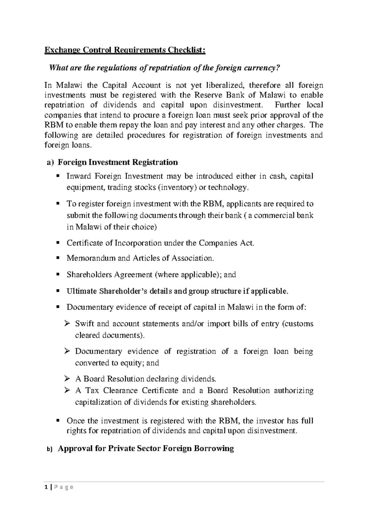 FDI-Fx Loans Registration checklist - 1 | P a g e Exchange Control ...