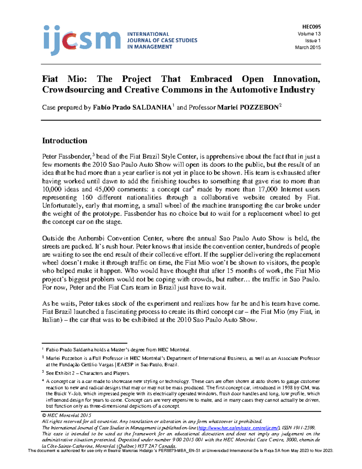 Fiat Mio - This is the case study to develop - Volume 13 Issue 1 March 2015 Fiat Mio: The ...